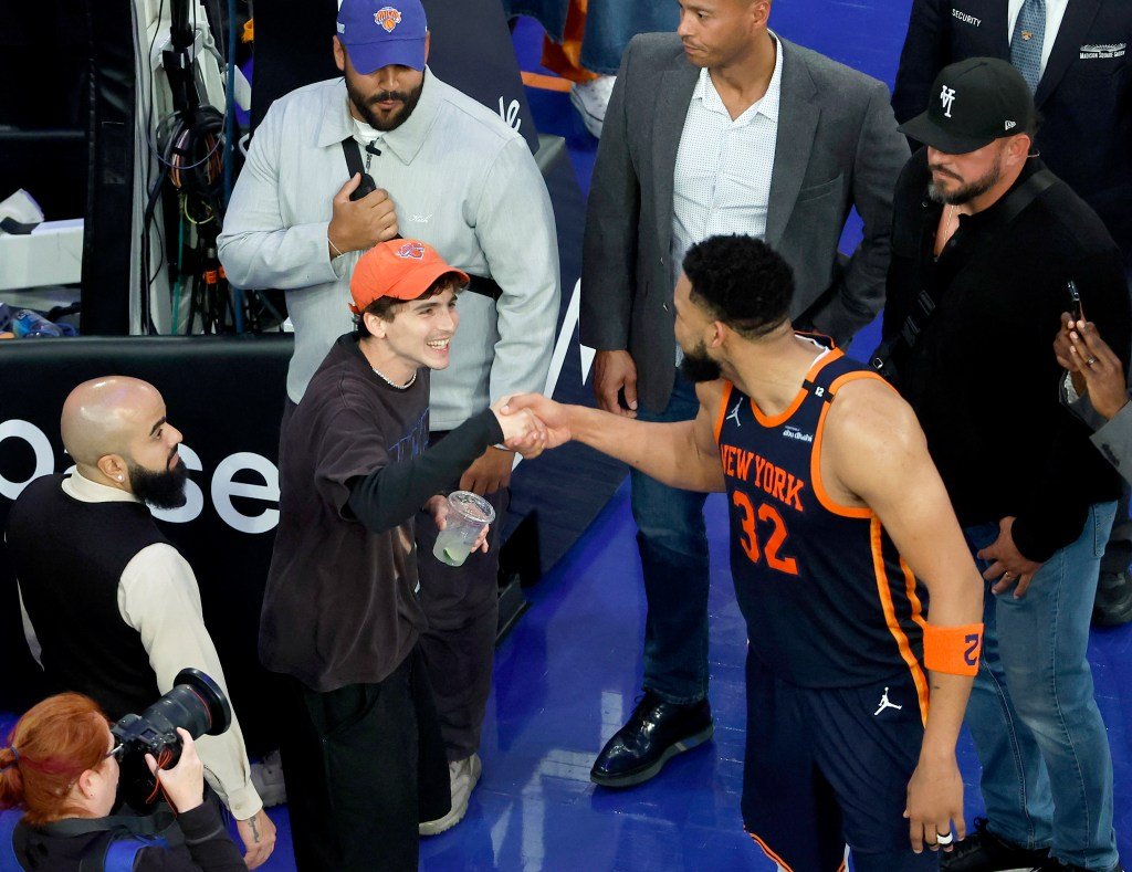 Joyful Karl-Anthony Towns, Timothée Chalamet embrace after Knicks beat ...