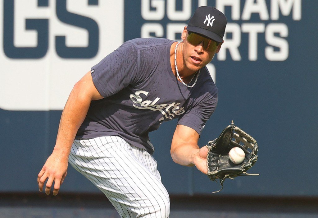 Yankees’ Aaron Judge works on outfield drills with Giancarlo Stanton ...